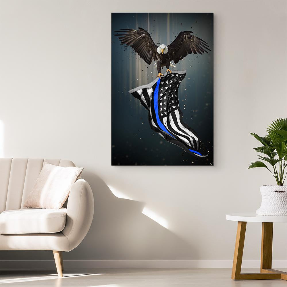 Thin Blue Line Eagle & American Flag Canvas Wall Art - Heroic Defender
